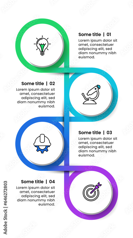 Infographic template. 4 vertical linked circles with icons and text ...