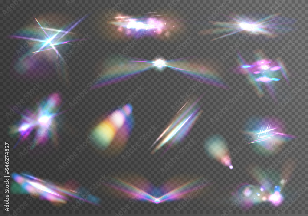 Abstract refraction glow effect on black background. Set of colorful ...