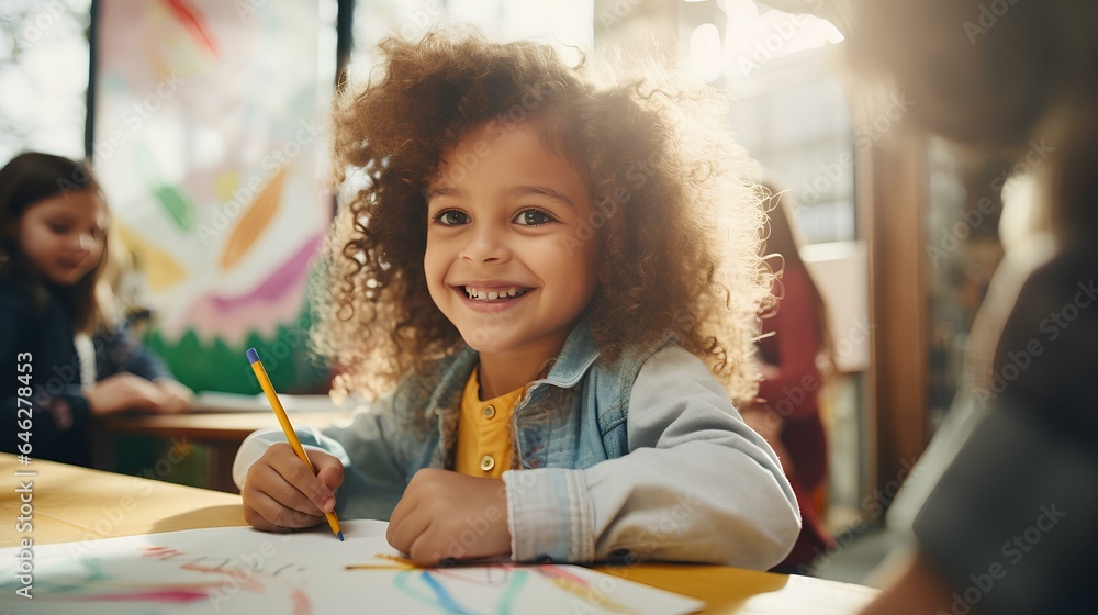 happy little girl learns to draw with a colour pencil in an art class ...