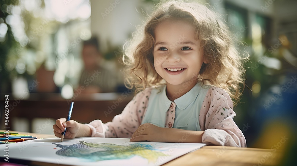 happy little girl learns to draw with a colour pencil in an art class ...