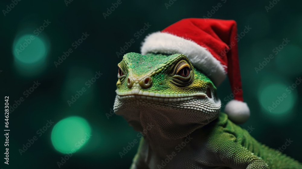 Lizard wearing a Santa Claus hat on a Christmas background. The green ...