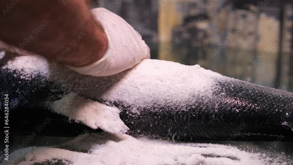 Vidéo Stock process of salting red fish salmon peel the fish from the ...