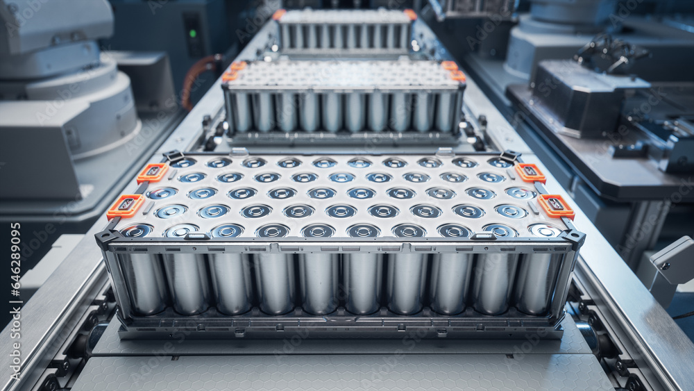 EV Battery Production Factory. Close-up of Lithium-ion High-voltage ...