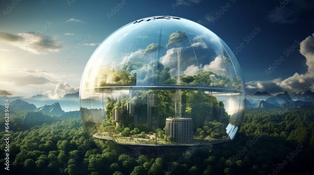 Capture a visionary picture of a glass globe encased in a translucent ...