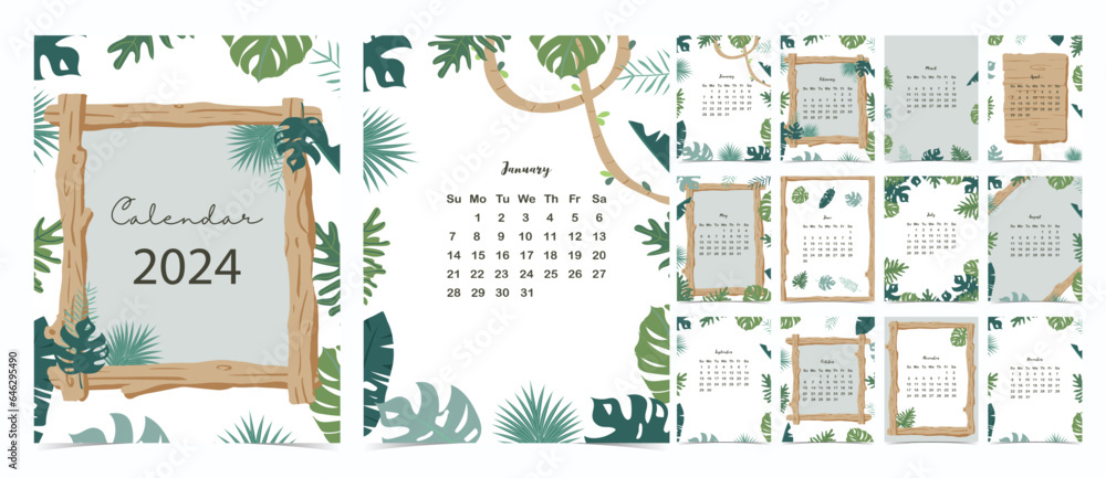 2024 table calendar week start on Sunday with leaf, safari that use for ...