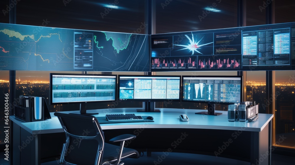 System Control Center, workplace with multiple displays, monitors ...