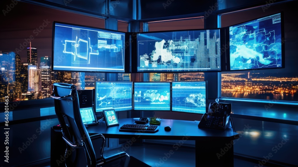 System Control Center, workplace with multiple displays, monitors ...