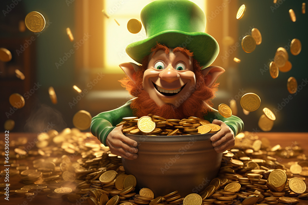 Lutin de saint-patrick avec son chaudron rempli d'or style cartoon ...