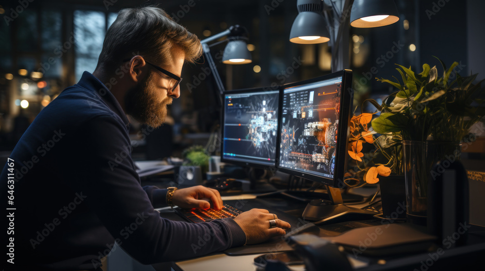 Engineer beard man working on desktop computer, screen showing CAD ...