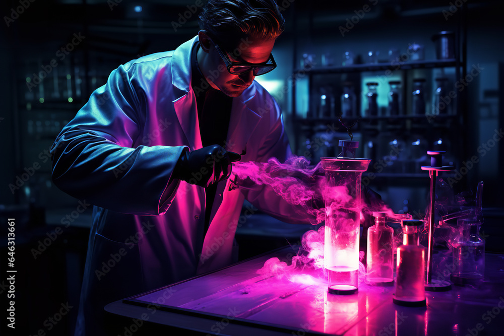 In a dimly lit lab setting, a chemist carefully pours a fluorescent ...