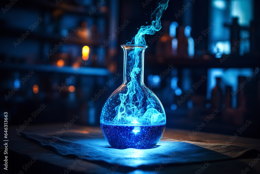 A mysterious blue glow emerges from a flask, lighting up a dark lab ...