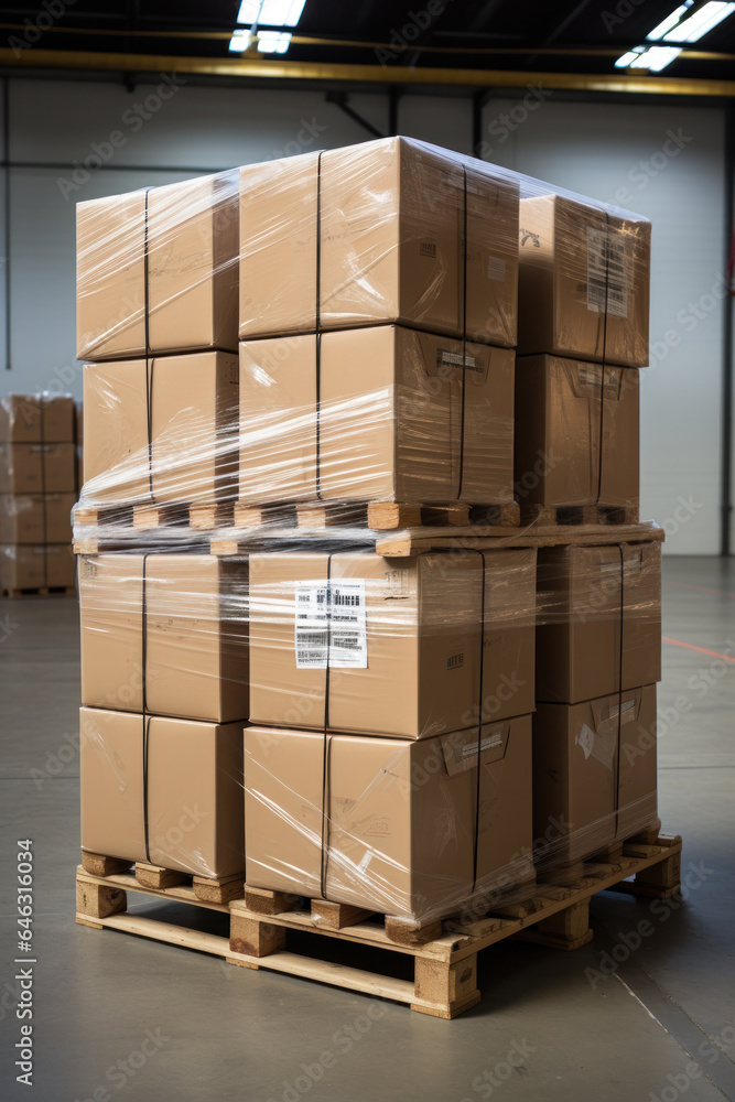 Stack of Package Boxes on Pallet in storage. Supply Chain Cardboard ...