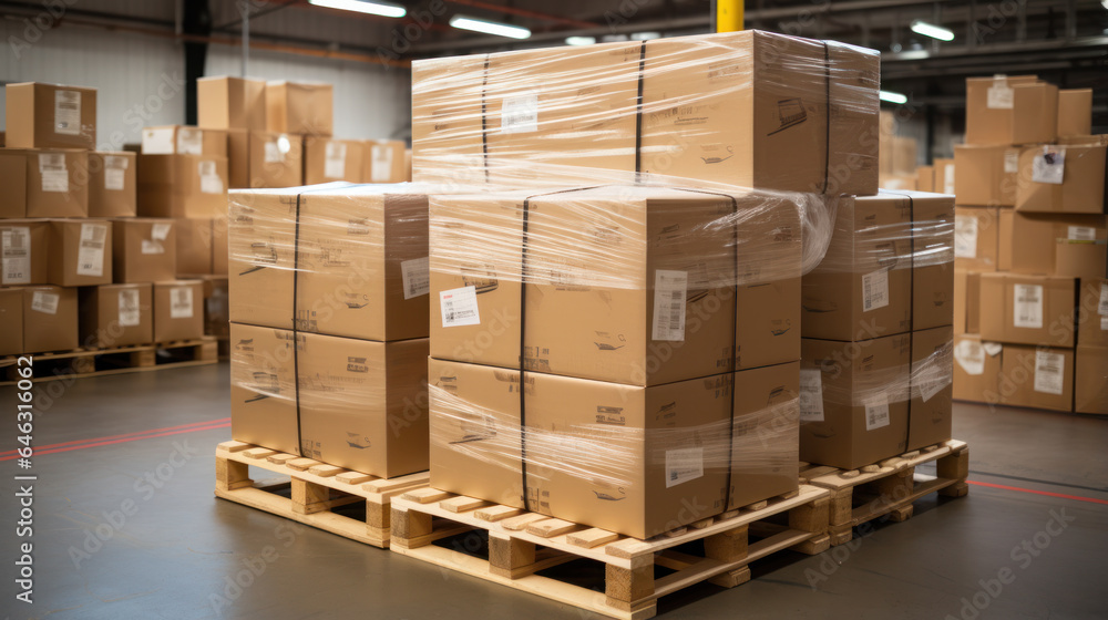 Stack of Package Boxes on Pallet in storage. Supply Chain Cardboard ...