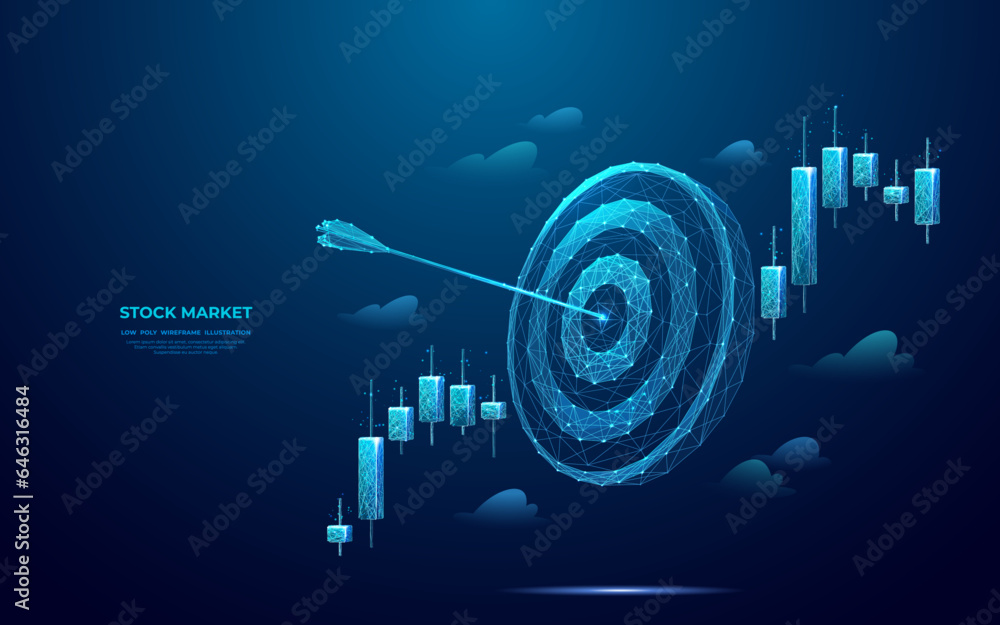 Digital target with bow arrow in bullseye with Japanese candlestick. Abstract stock market ...