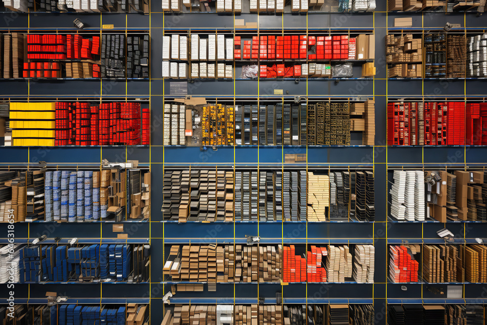 From a top perspective, different sections of a warehouse floor are ...
