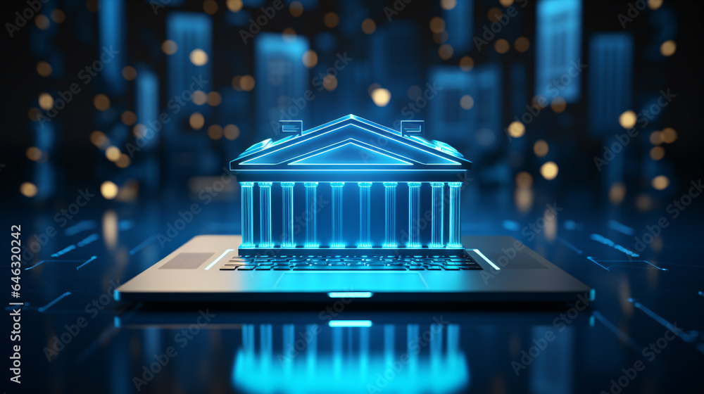 Picture a serene blue-toned canvas, where a radiant digital bank icon ...