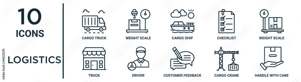 logistics outline icon set such as thin line cargo truck, cargo ship ...