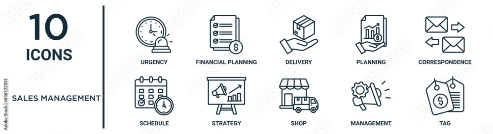 sales management outline icon set such as thin line urgency, delivery ...