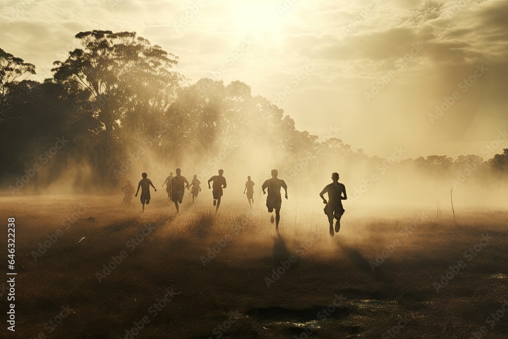 Misty morning sunrise with the zombies walking on the mountain ...