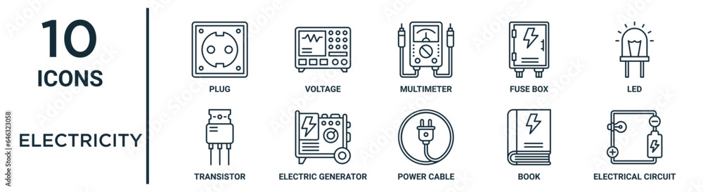 electricity outline icon set such as thin line plug, multimeter, led ...