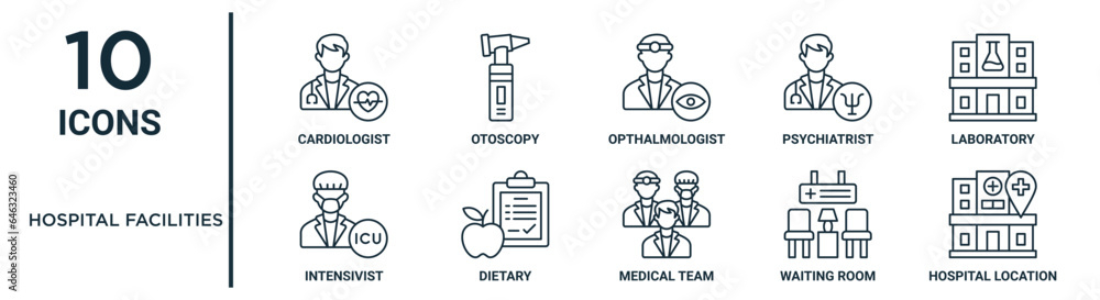 hospital facilities outline icon set such as thin line cardiologist ...