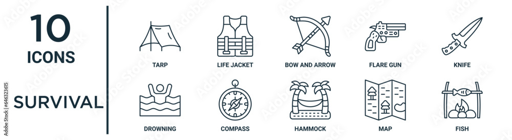 Vetor de survival outline icon set such as thin line tarp, bow and ...