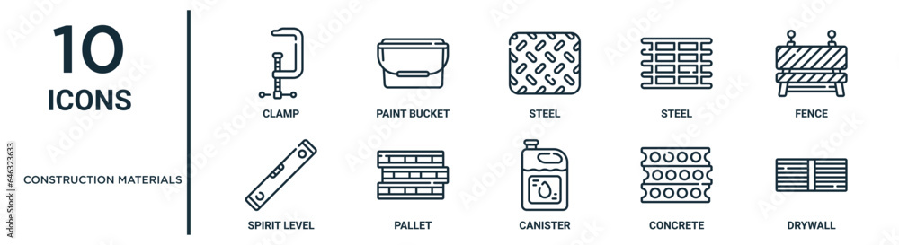 construction materials outline icon set such as thin line clamp, steel ...