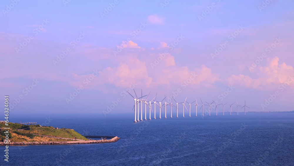 Renewable energy wind power plant and wind turbines along Denmark sea ...