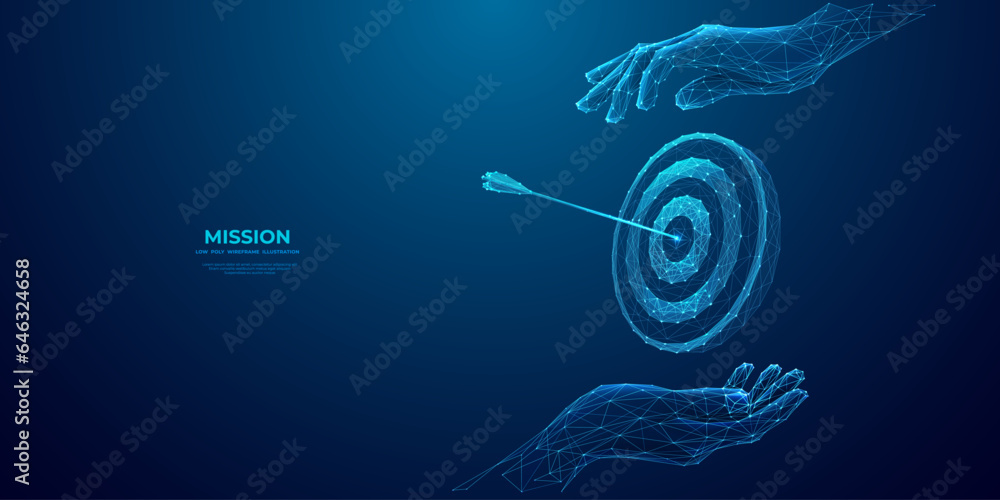 Abstract close-up hands holding a target with bow arrow in a bullseye ...