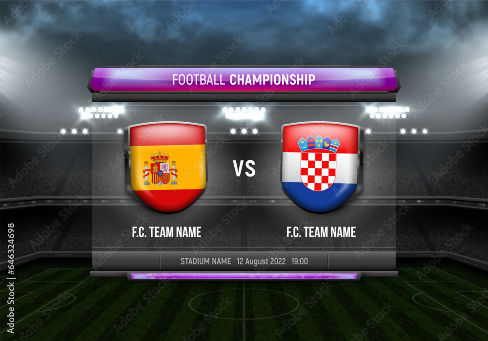 Sport scoreboard with team 1 vs team 2. Team logo on the background of ...