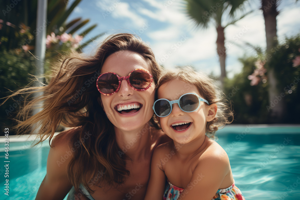 Mother and daughter enjoy a summer afternoon in a swimming pool, both ...