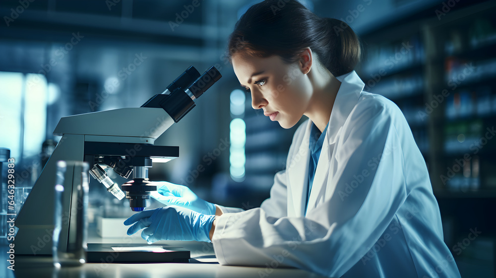 Female expert microbiologist scrutinizing medical samples using modern ...