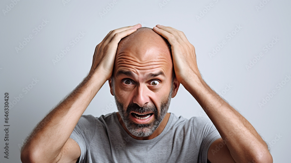 Studio portrait of bald middle aged man with hands covering the head ...