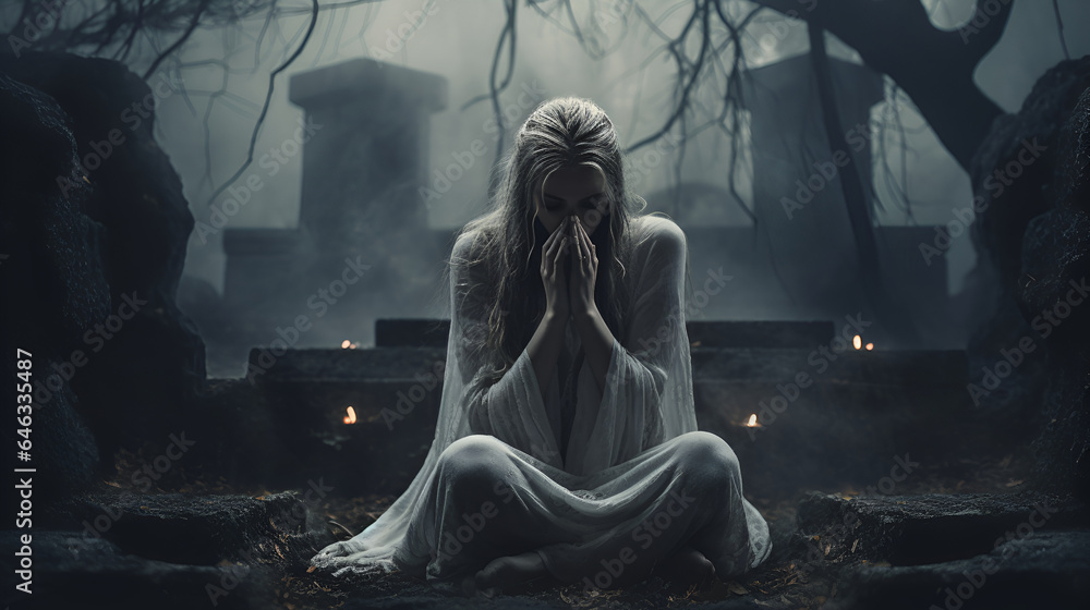 Scary sad prying blond ghost girl in the cemetary- horror theme Stock ...