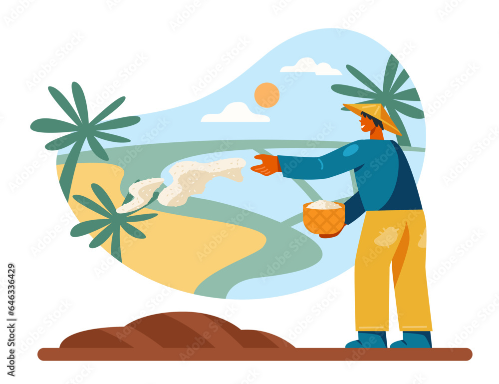 Asian man sowing rice in field. Work on plantation. Rice cultivation in ...