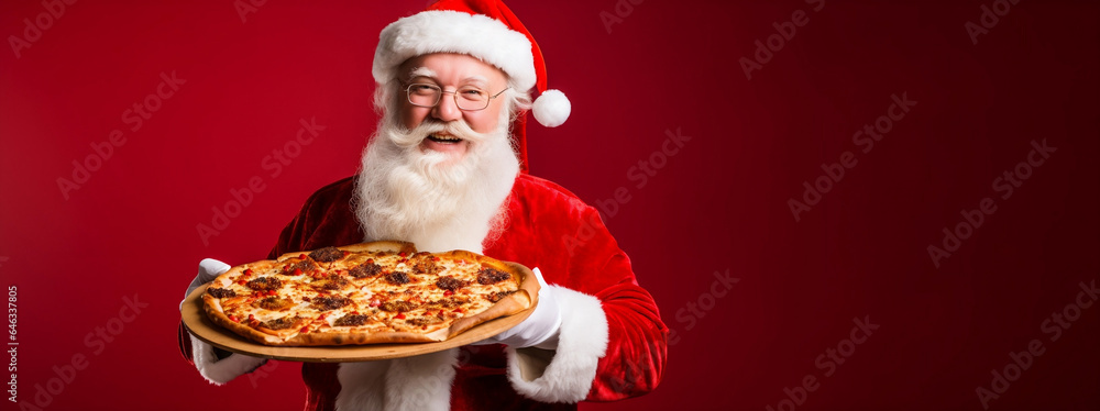 Crazy smilling Santa Claus with pizza in the hand at the red background ...