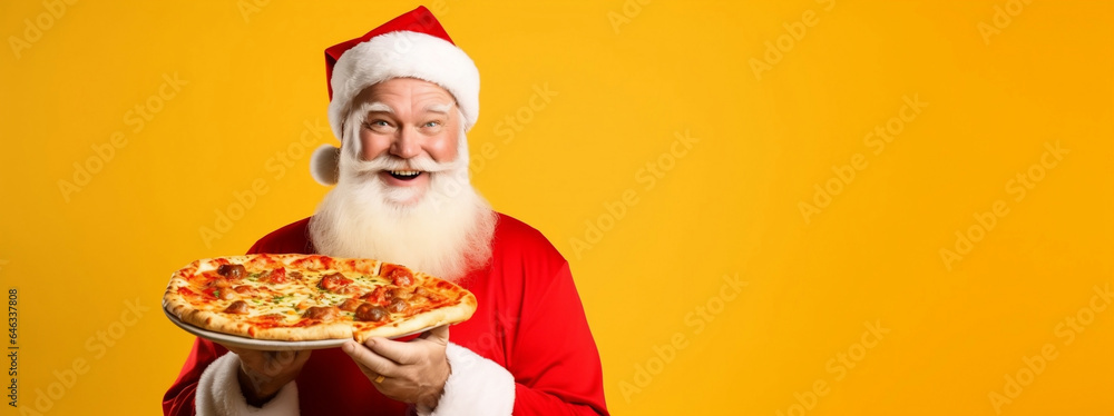 Crazy smilling Santa Claus with pizza in the hand at the yellow ...