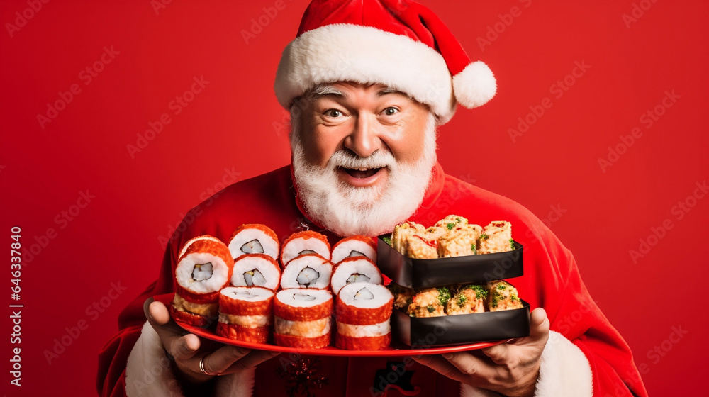 Crazy smilling Santa Claus with sushi in the hand at the red background ...
