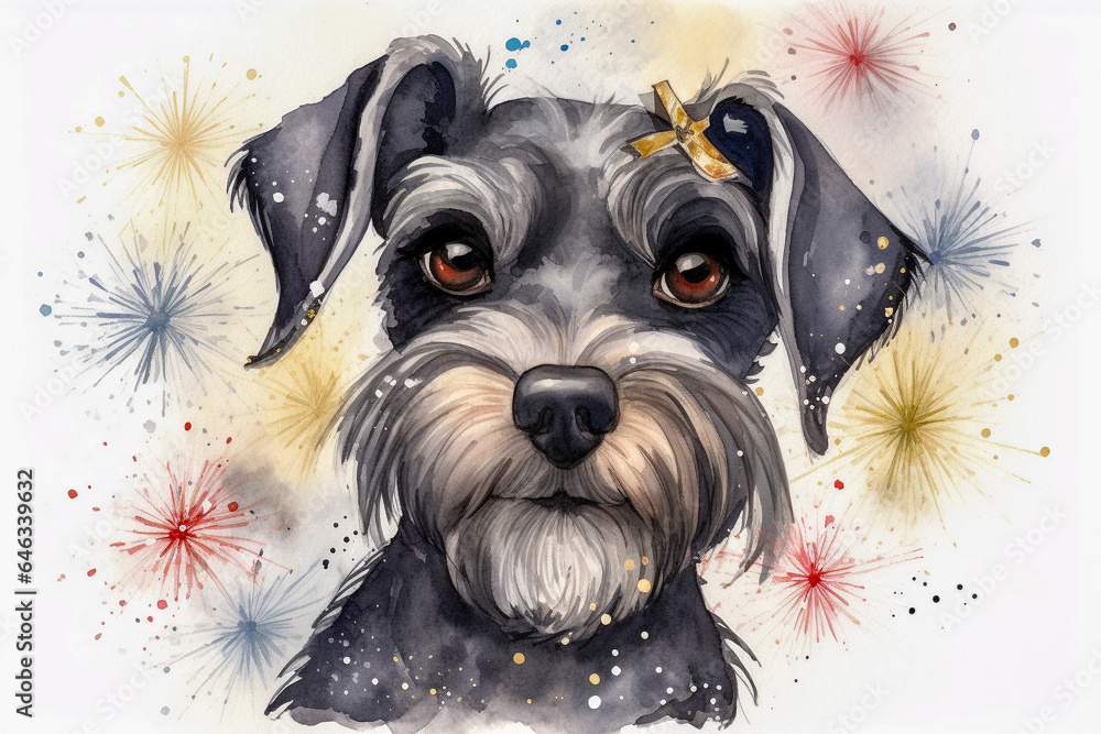 Cute black miniature schnauzer and colorful fireworks on white ...
