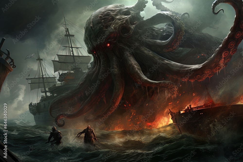A monstrous Kraken attacks a ship. Great for stories on mythology, sci ...