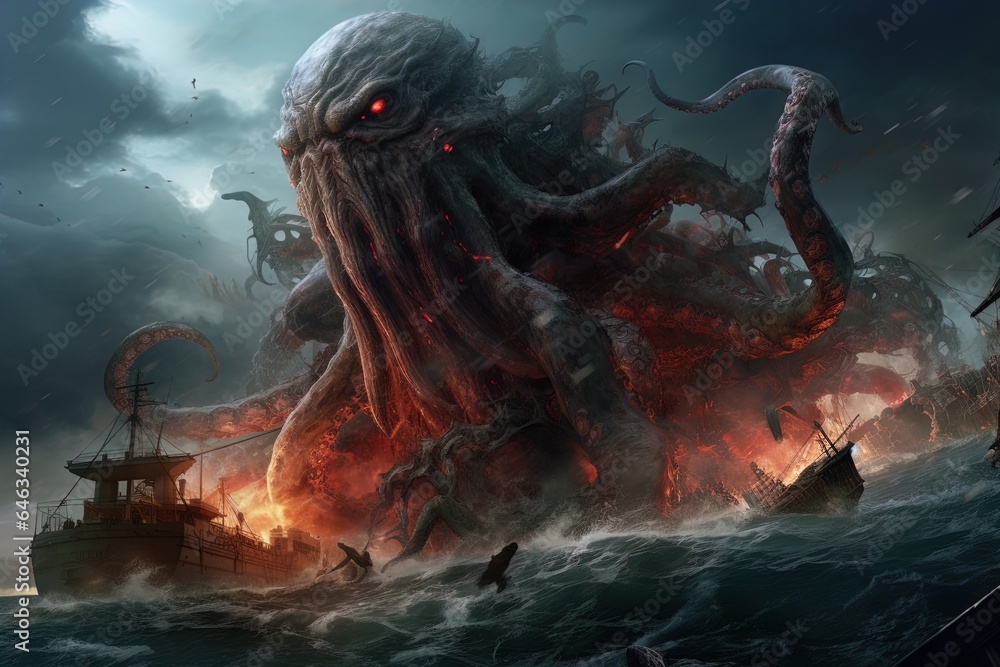 A monstrous Kraken attacks a ship. Great for stories on mythology, sci ...