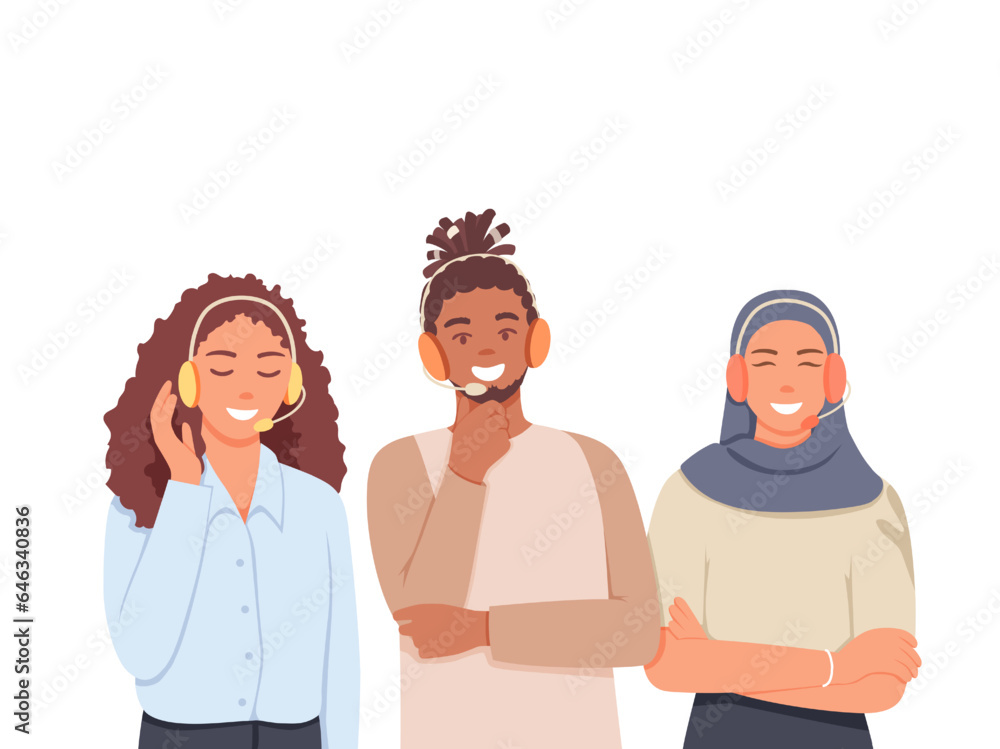 Young females and man in headset ready to talk with client and help ...