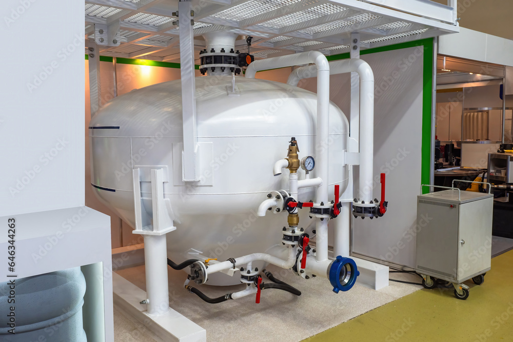 Industrial equipment. Spherical white pressure storage tank. Industrial ...