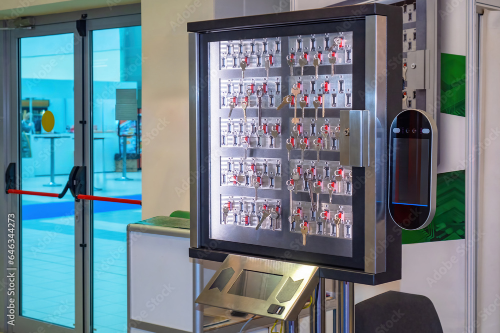 Safe for storing keys. Checkpoint in building. Cabinet with keys and ...