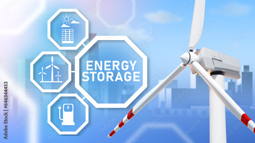 Wind energy. Windmill on blue. Energy storage logo. Turbine for green ...