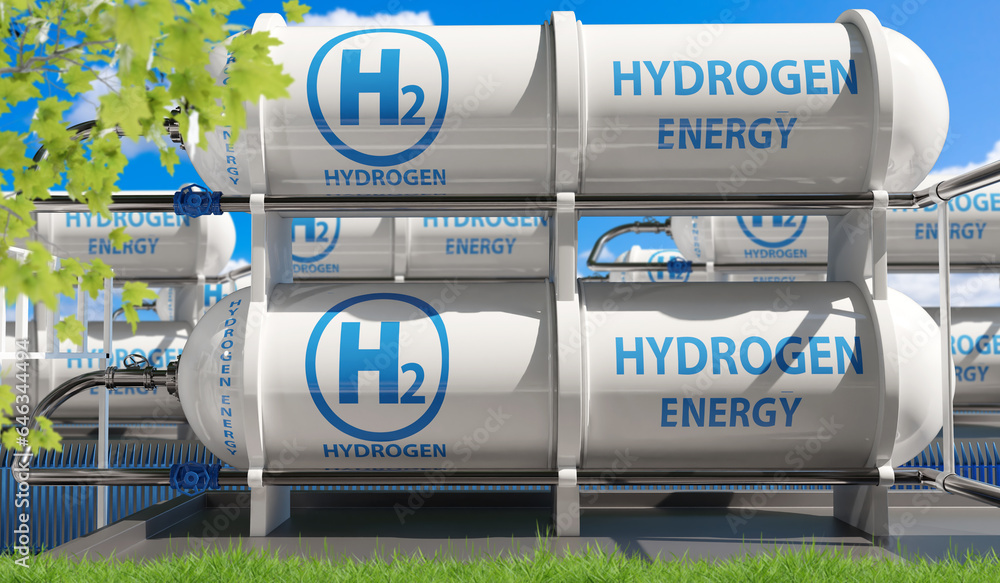 Hydrogen energy. H2 gas in tanks. Hydrogen power station. High pressure gas storage tanks ...