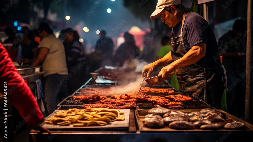 Mexican street food, Tacos Al Pastor, vendor slicing from vertical ...