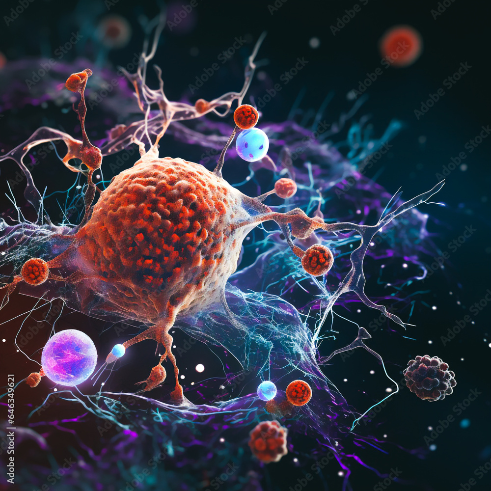 a close-up view of a cancer cell with a prominent pancreatic cancer ...