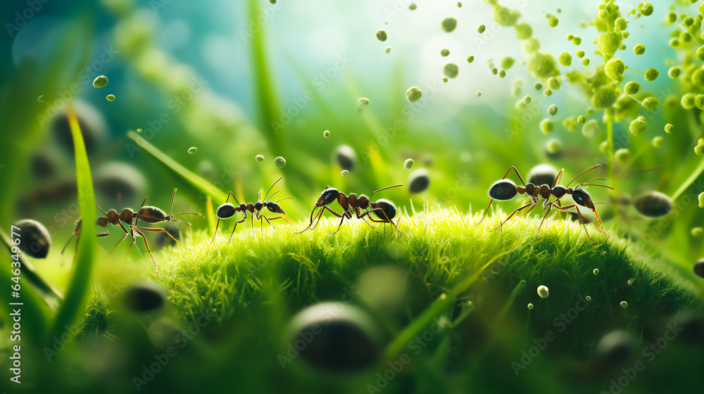 A group of intricate ant tunnels zigzagging through lush green grass ...