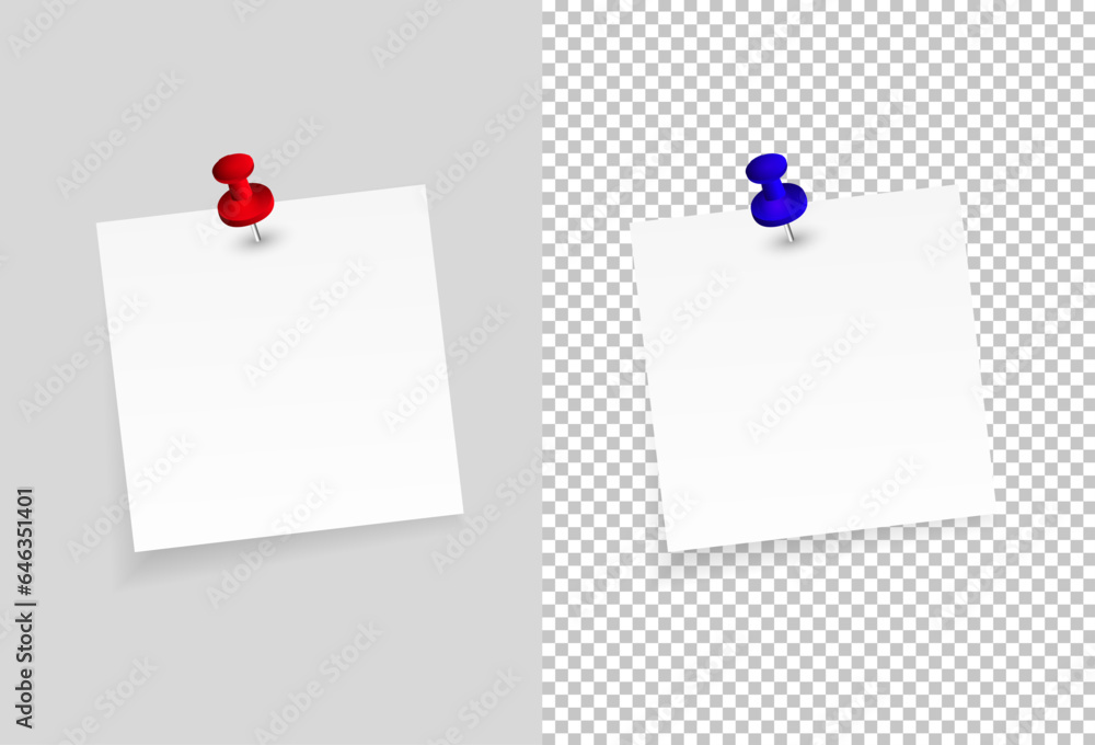 Realistic blank sheet of paper in with red push pins on transparent ...
